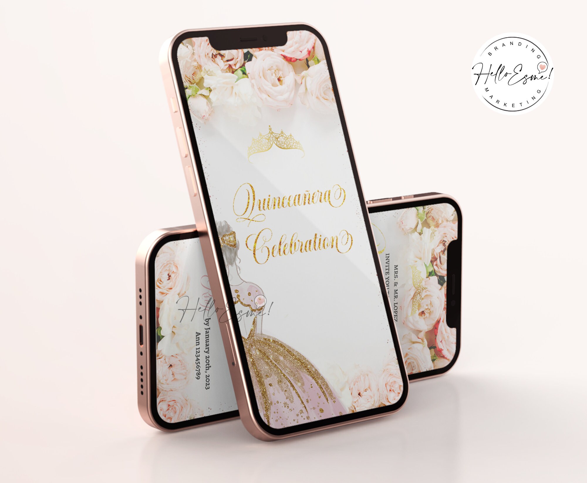 Digital Quinceanera Invitation, Blush Pink, Floral Rose Gold and ...