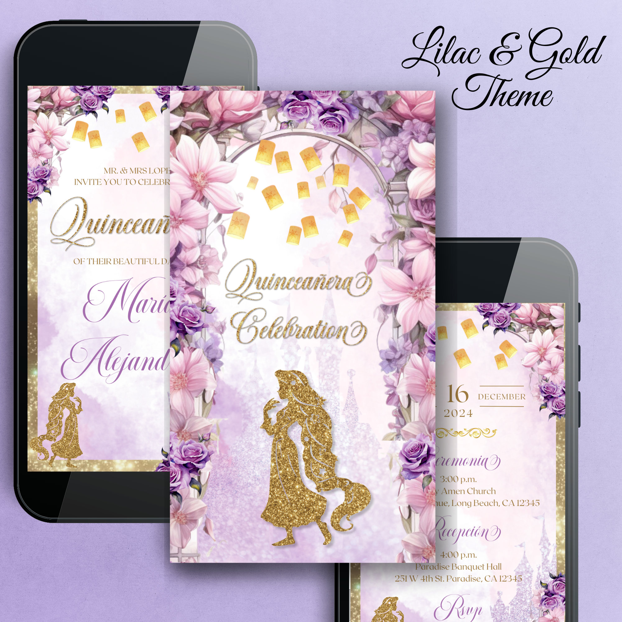 Tangled Quinceanera Invitation, Lilac and Gold, Quince Invitations ...