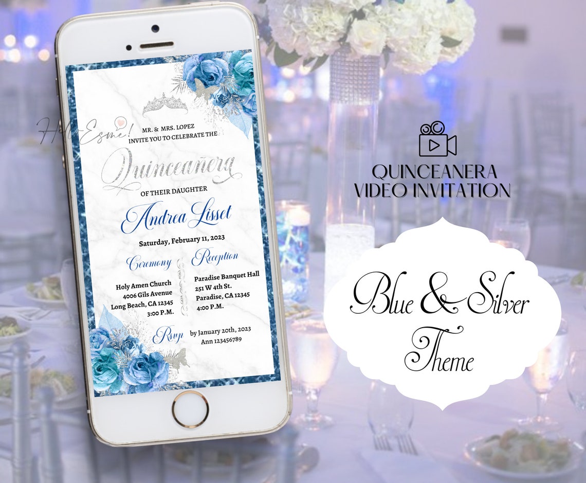 Quinceanera Video Invitation Blue Navy and Silver, Animated Invitation ...