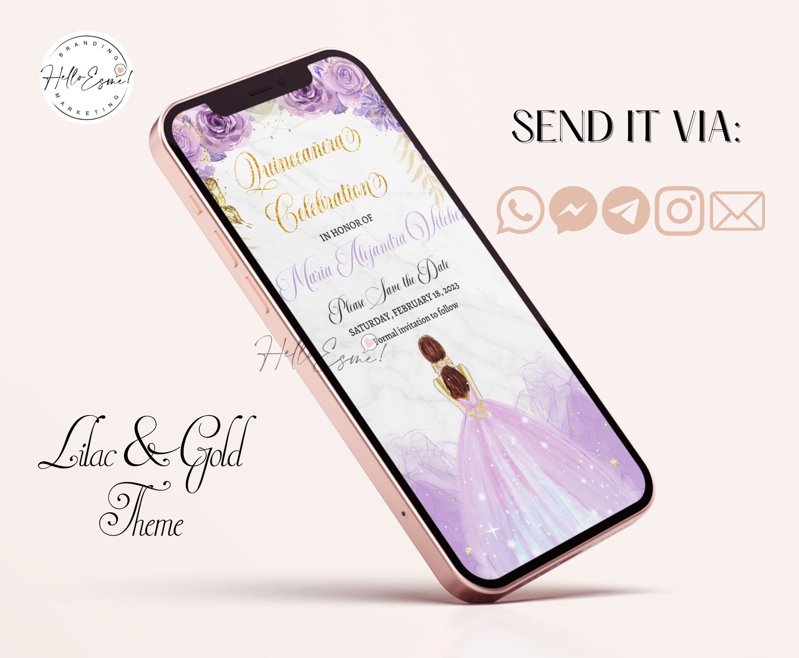 Digital Save the Date Quinceanera Lilac and Gold, Animated Invitation ...