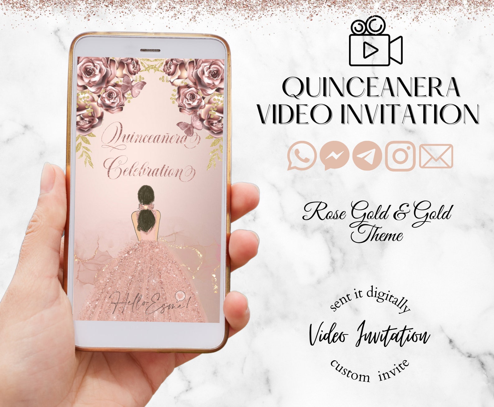 Rose Gold Invite, Quince Invite, Animated Invitation, Rose Gold Dress ...