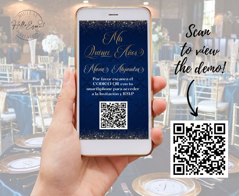 Navy Blue and Gold Quinceanera Invitation Rsvp Website, Rsvp QR Code ...