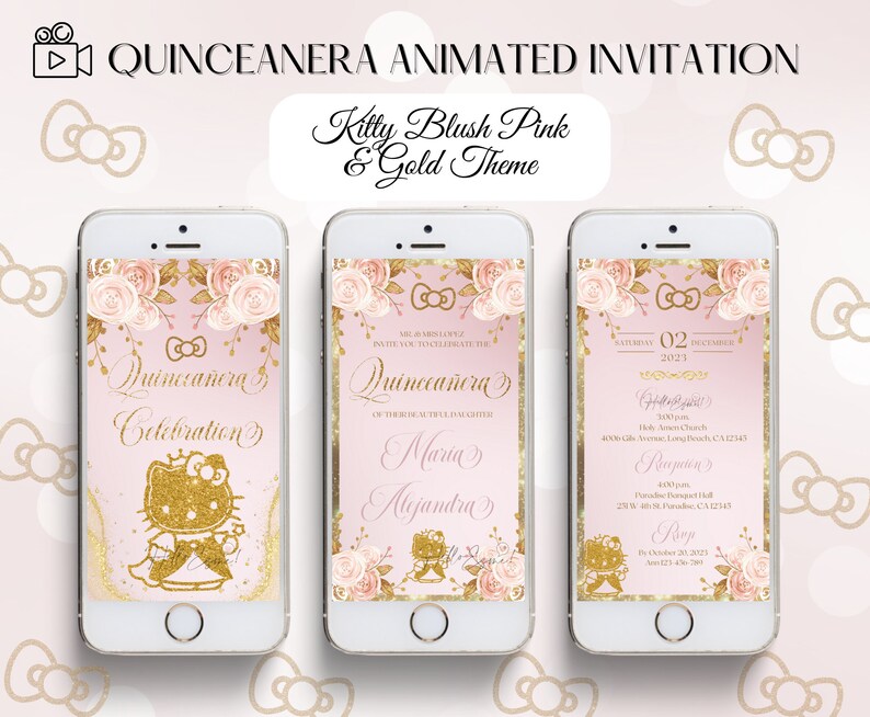 Kitty Quinceanera Digital Invitation, Blush Pink and Gold Animated ...