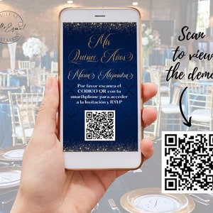Quinceanera Rsvp Qr Code Invite Navy Blue and Gold, Rsvp Wix Website ...