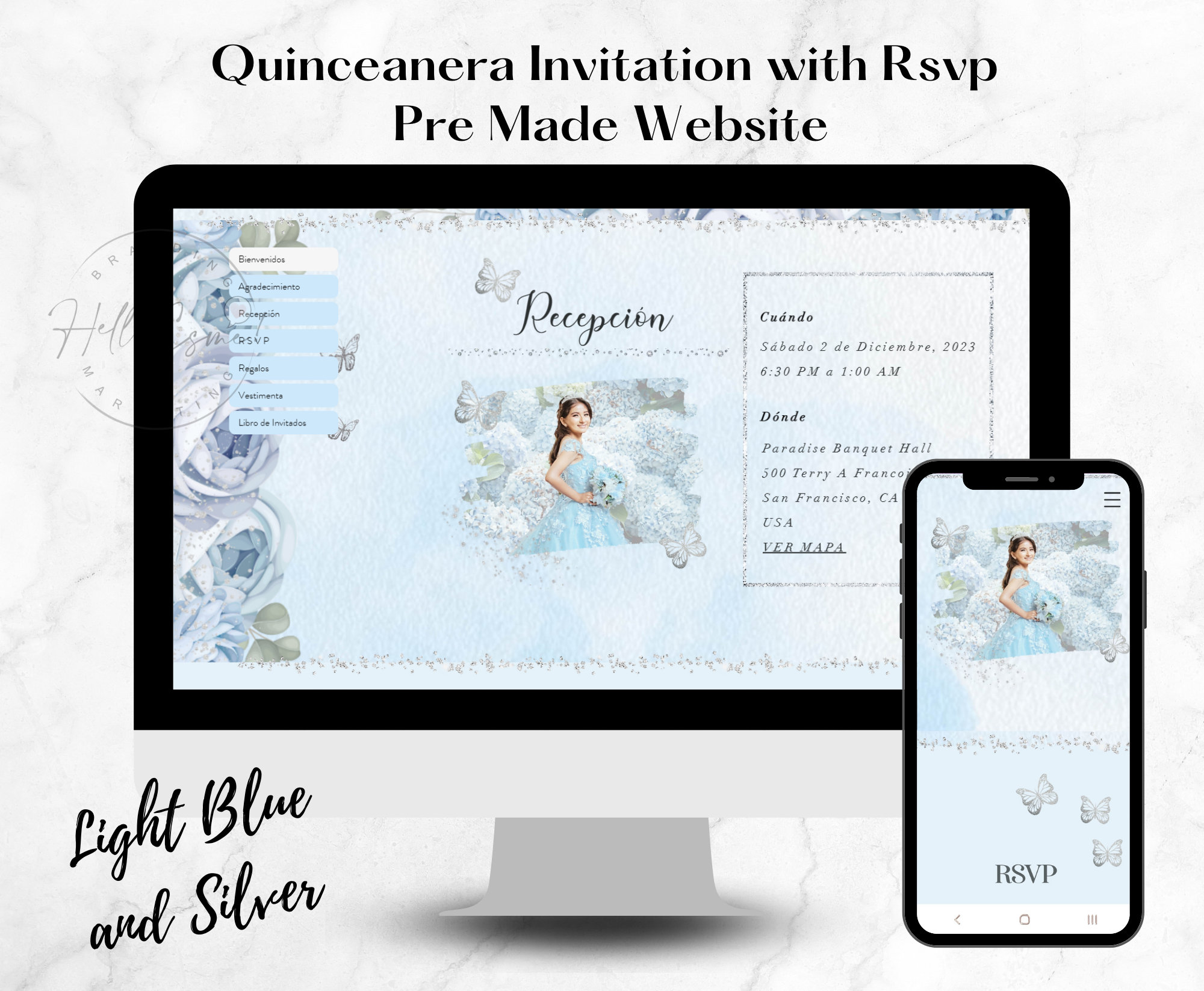 Quinceanera Invitation Website Light Blue and Silver, Rsvp Website ...