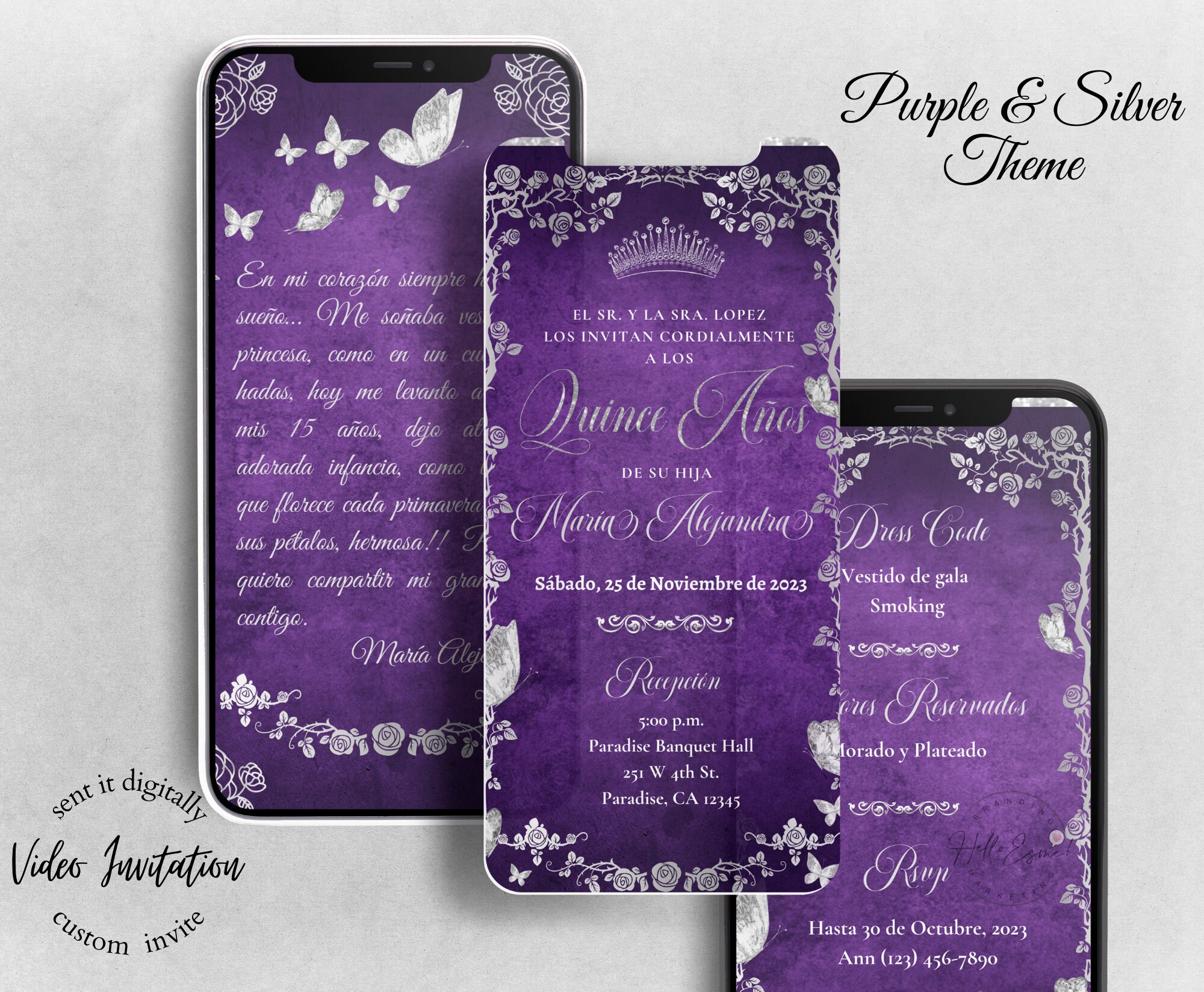 Quinceanera Animated Invitation, Purple and Silver Butterflies ...