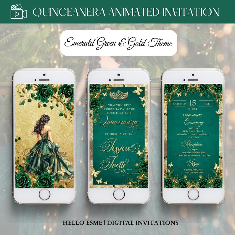 Sweet 16 Invitation Emerald Green, Quinceanera Invites, Animated ...