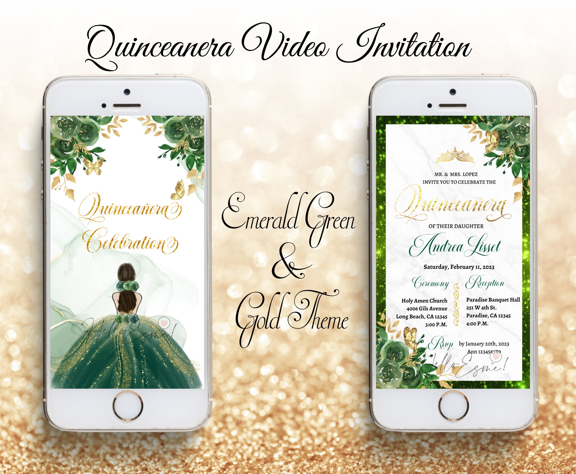 Digital Quinceanera Invitation Emerald Green and Gold, Quinceanera ...
