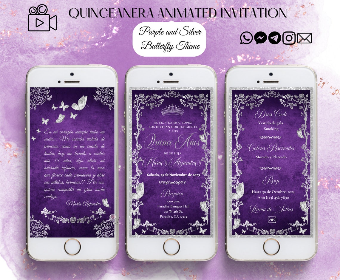 Quinceanera Animated Invitation, Purple and Silver Butterflies ...