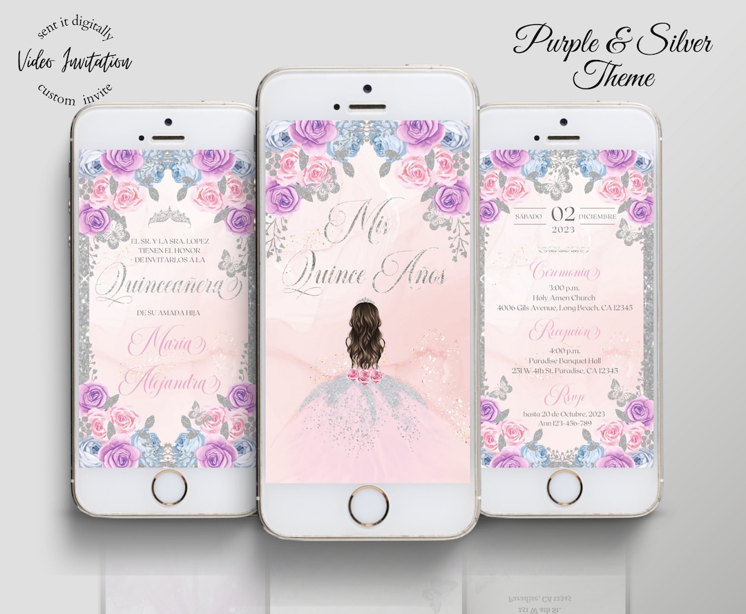 Blush Pink Digital Quinceanera Invitation, Floral and Silver ...