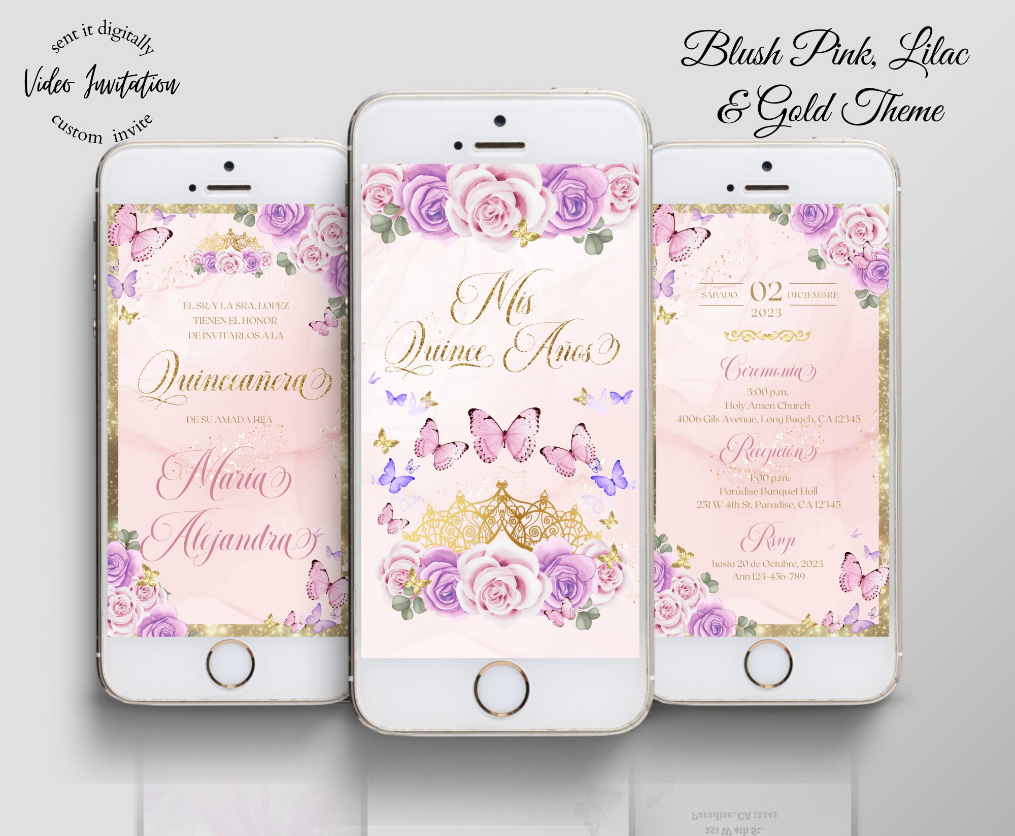 Quinceanera Digital Invitation, Blush Pink, Lilac and Gold Animated ...