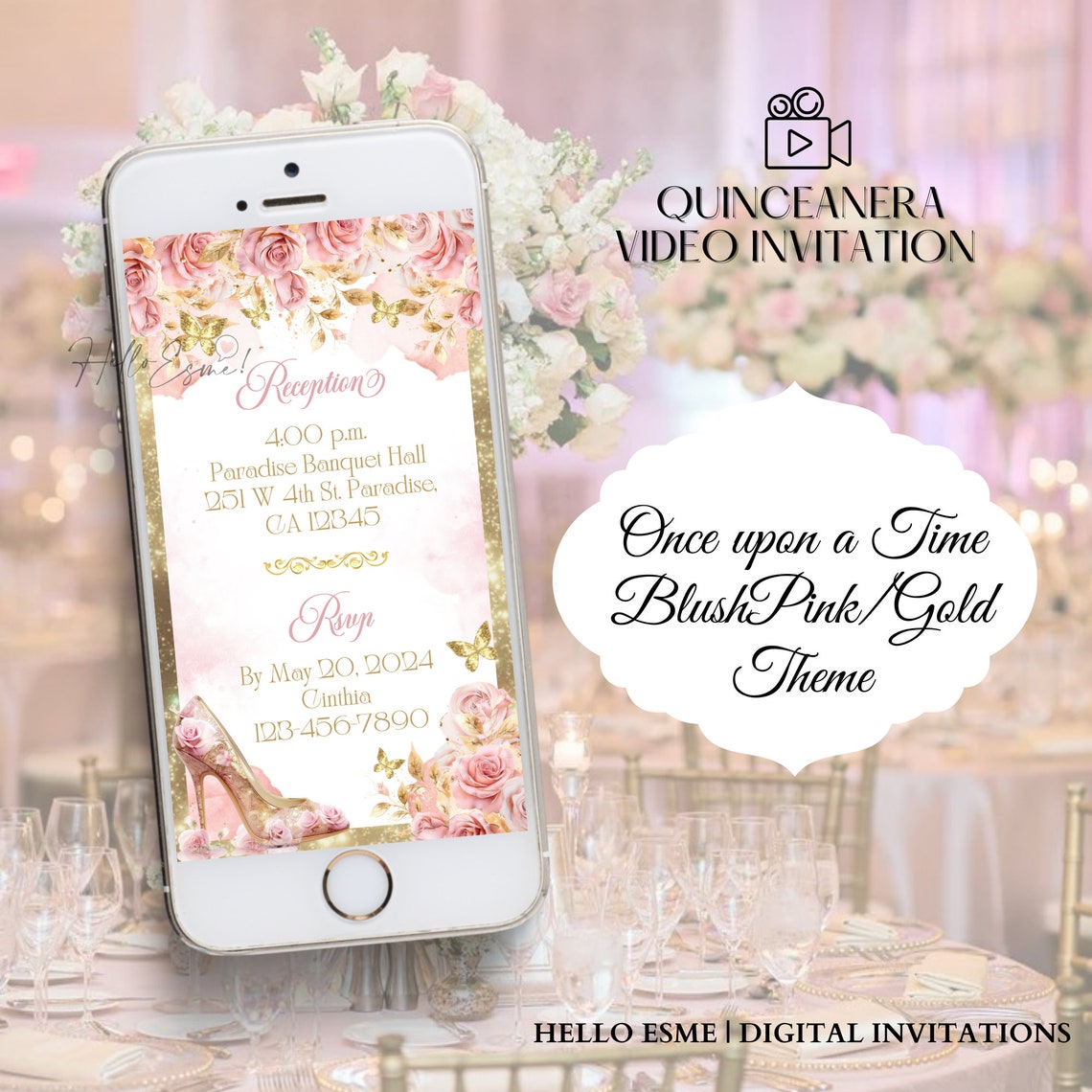 Quince Invitations, Once Upon a Time, Blush Pink and Gold, Princess ...