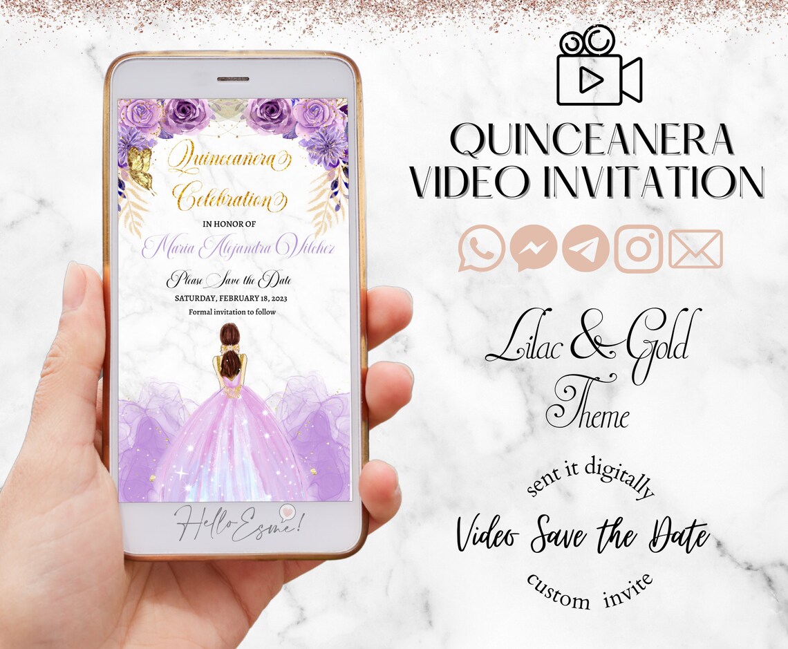 Digital Save the Date Quinceanera Lilac and Gold, Animated Invitation ...