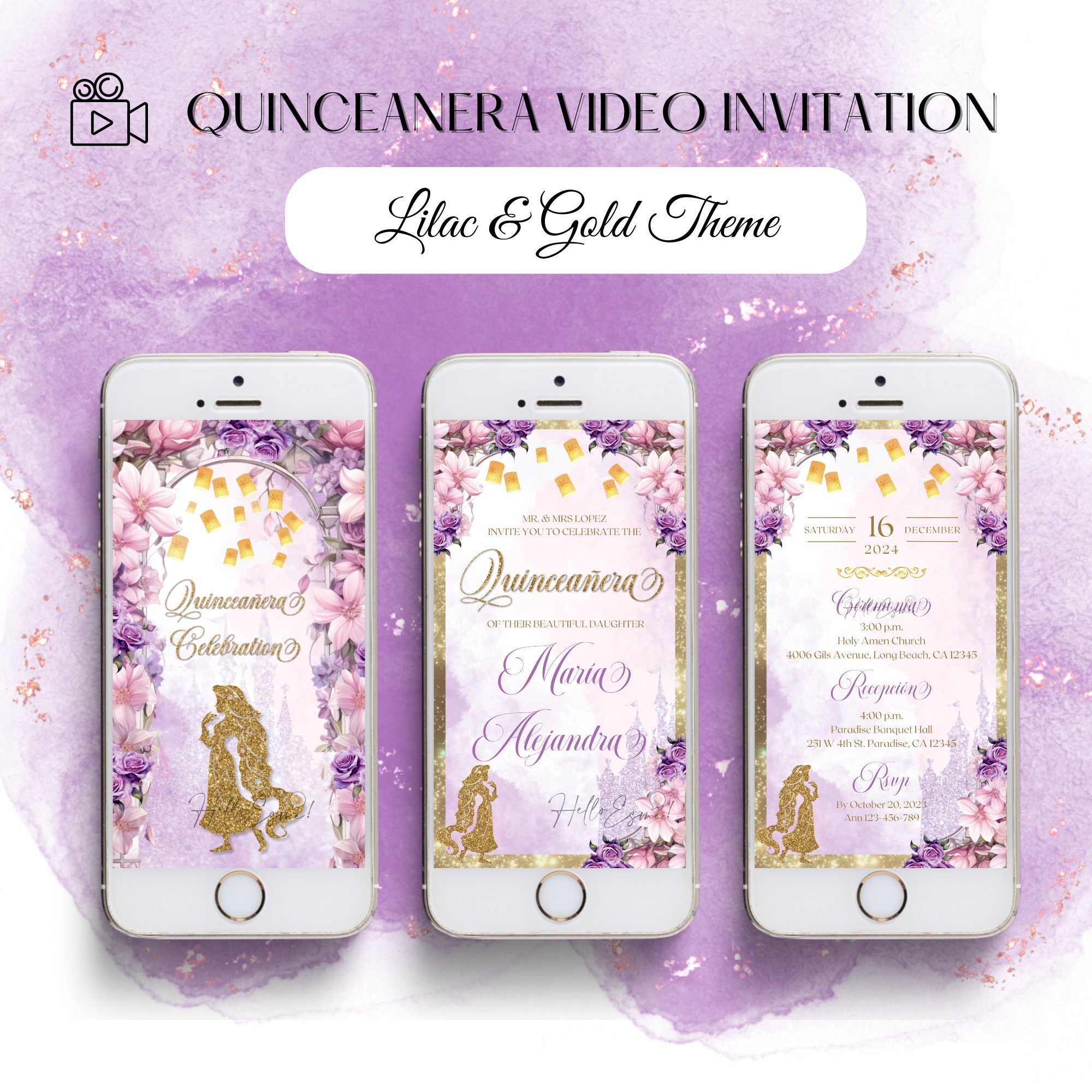 Tangled Quinceanera Invitation, Lilac and Gold, Quince Invitations ...
