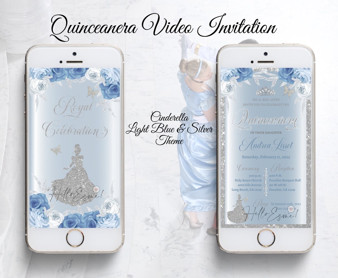 Digital Quinceanera Invitation Cinderella Light Blue and Silver, Video ...