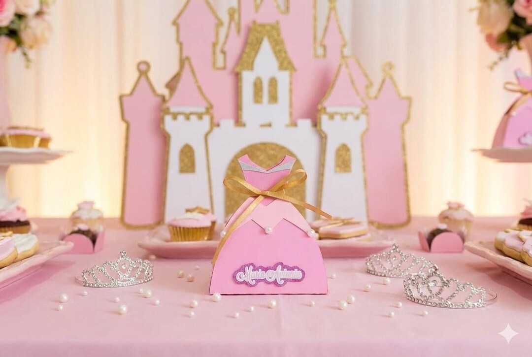 Princess Dress Favor Box Pink Glitter Candy Container Pearl Ribbon Gift ...