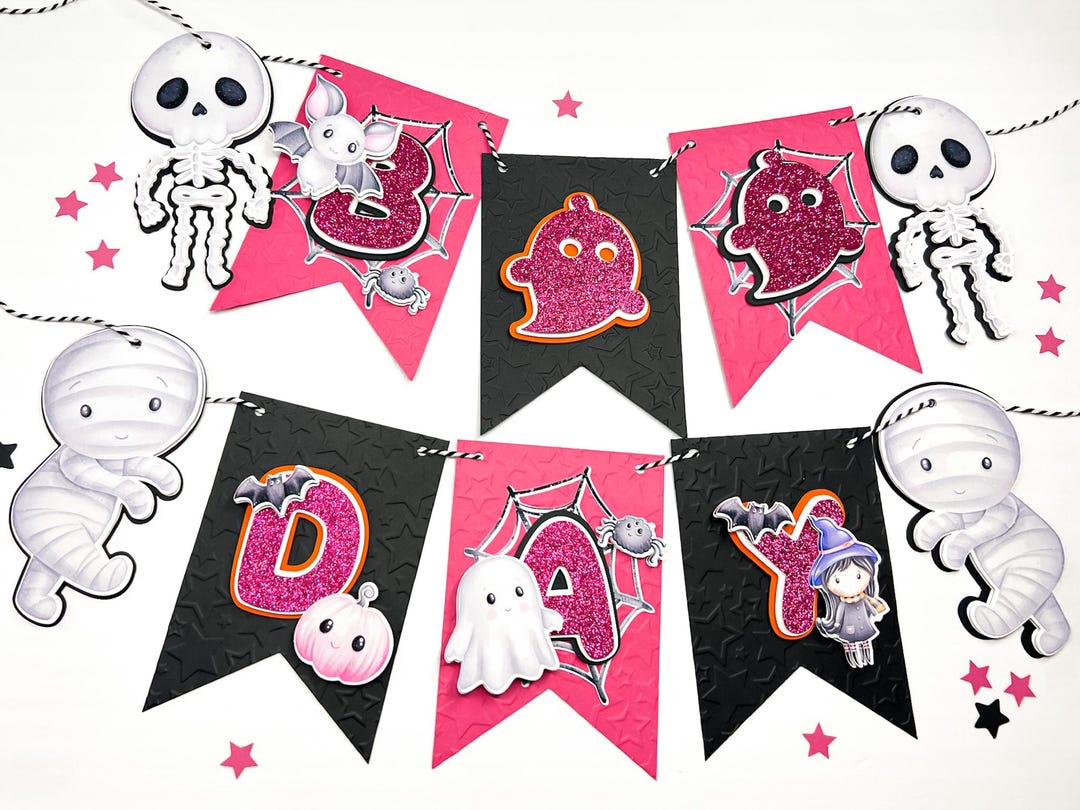 Pink Halloween Banner Girly Halloween Party Decor Ghost & Skeleton ...