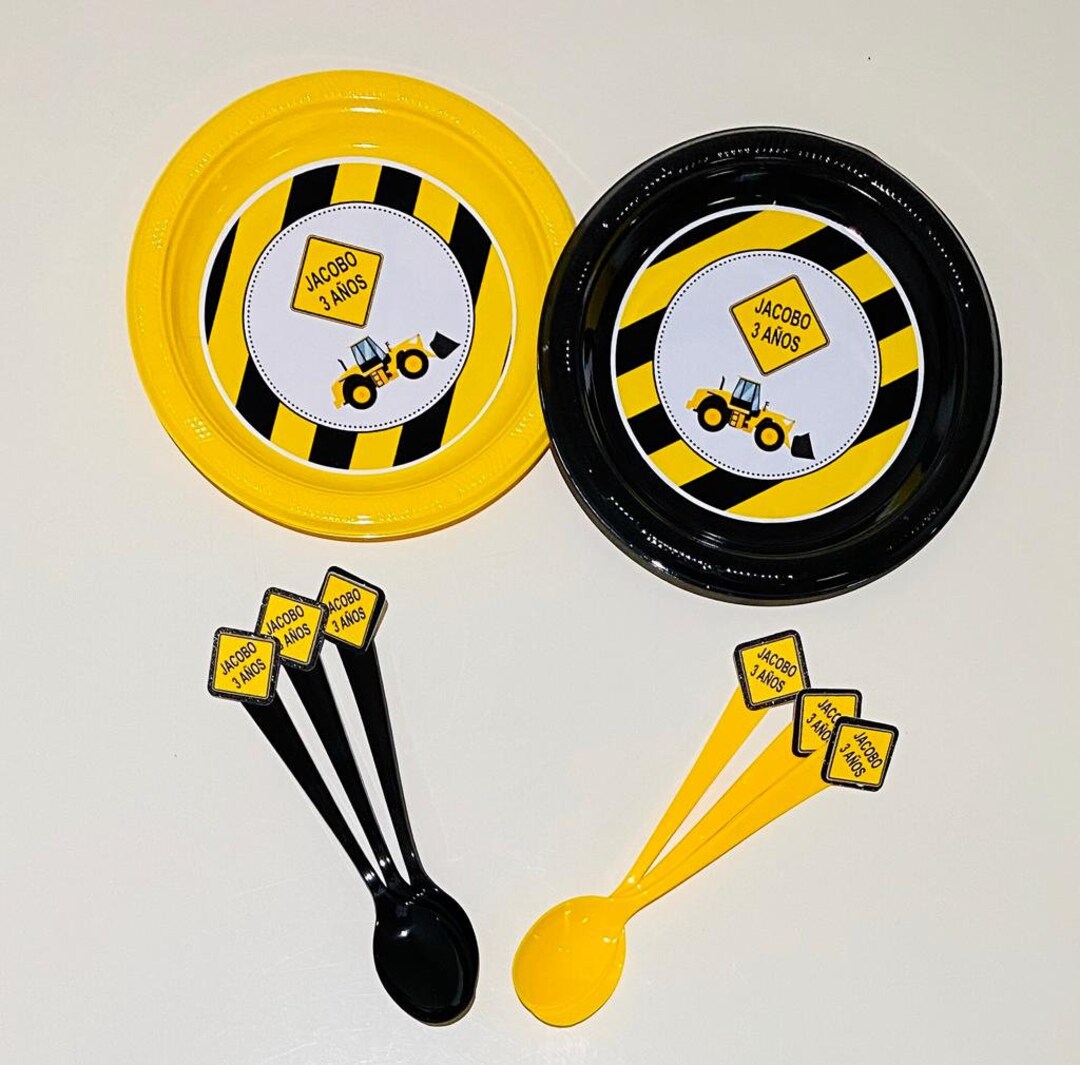 Construction Party Plates With Spoons – Dump Truck Kids Birthday ...