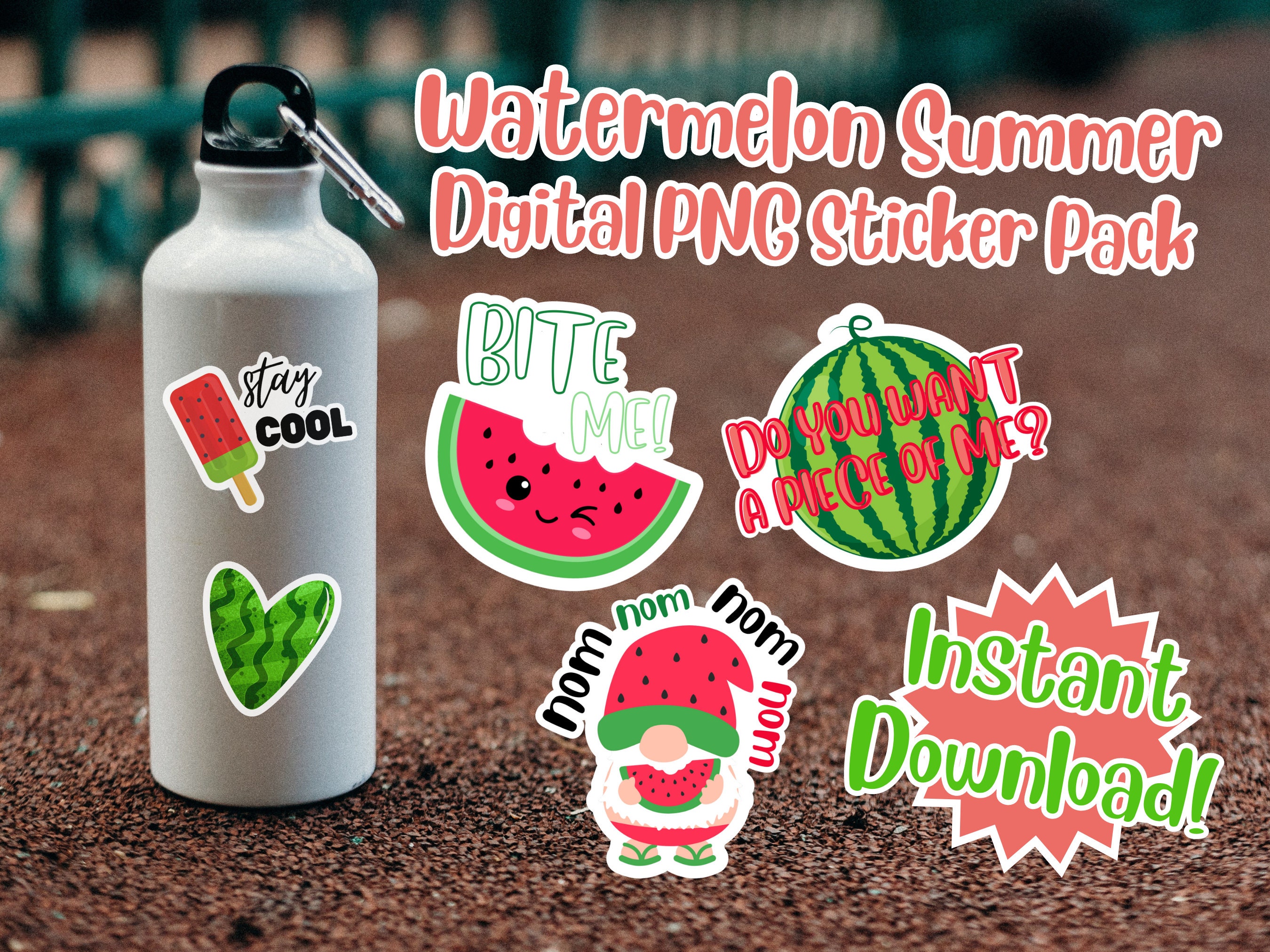 Watermelon Summer Digital PNG Sticker Pack, Printable PNG Stickers for ...