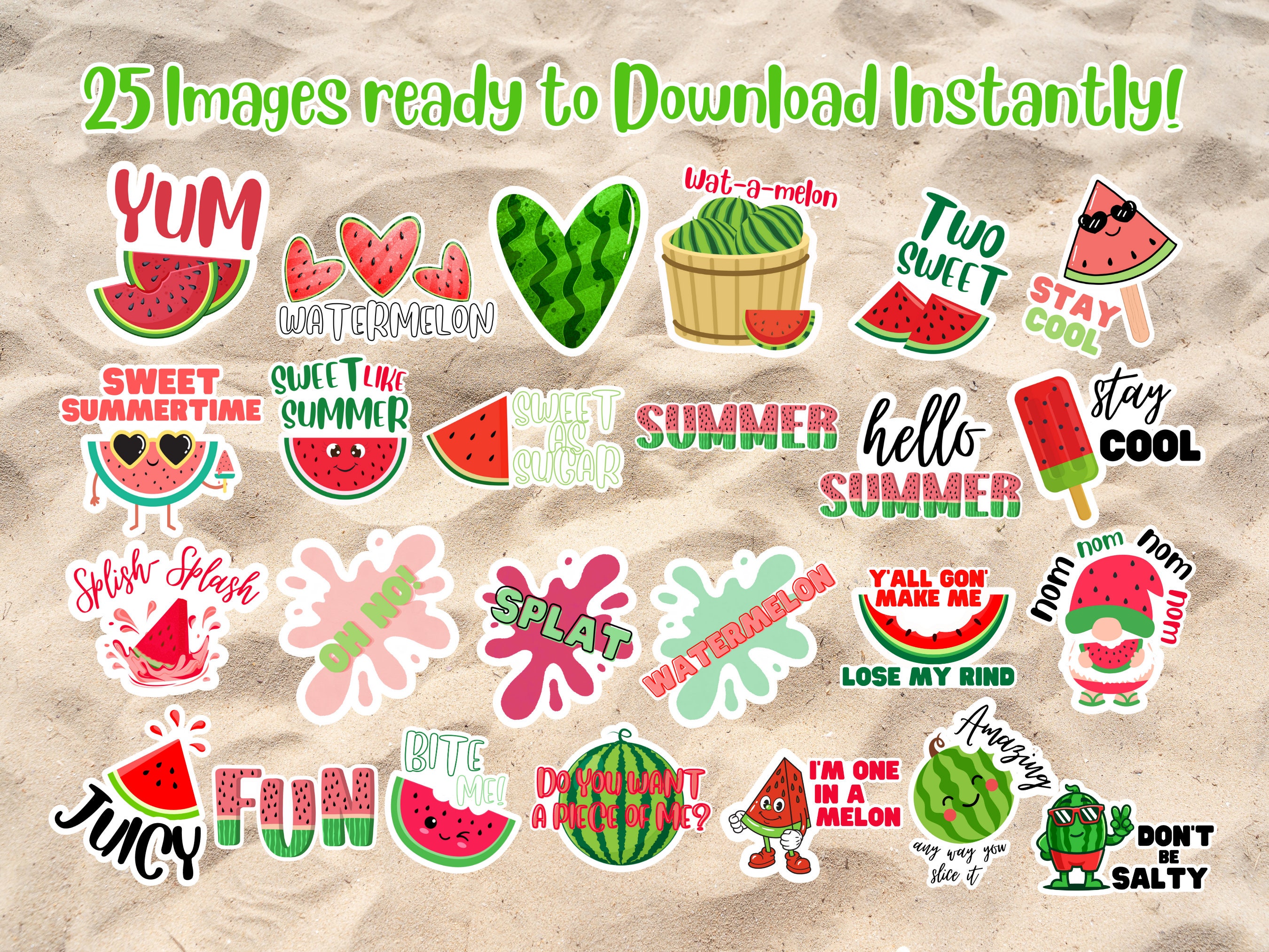 Watermelon Summer Digital PNG Sticker Pack, Printable PNG Stickers for ...