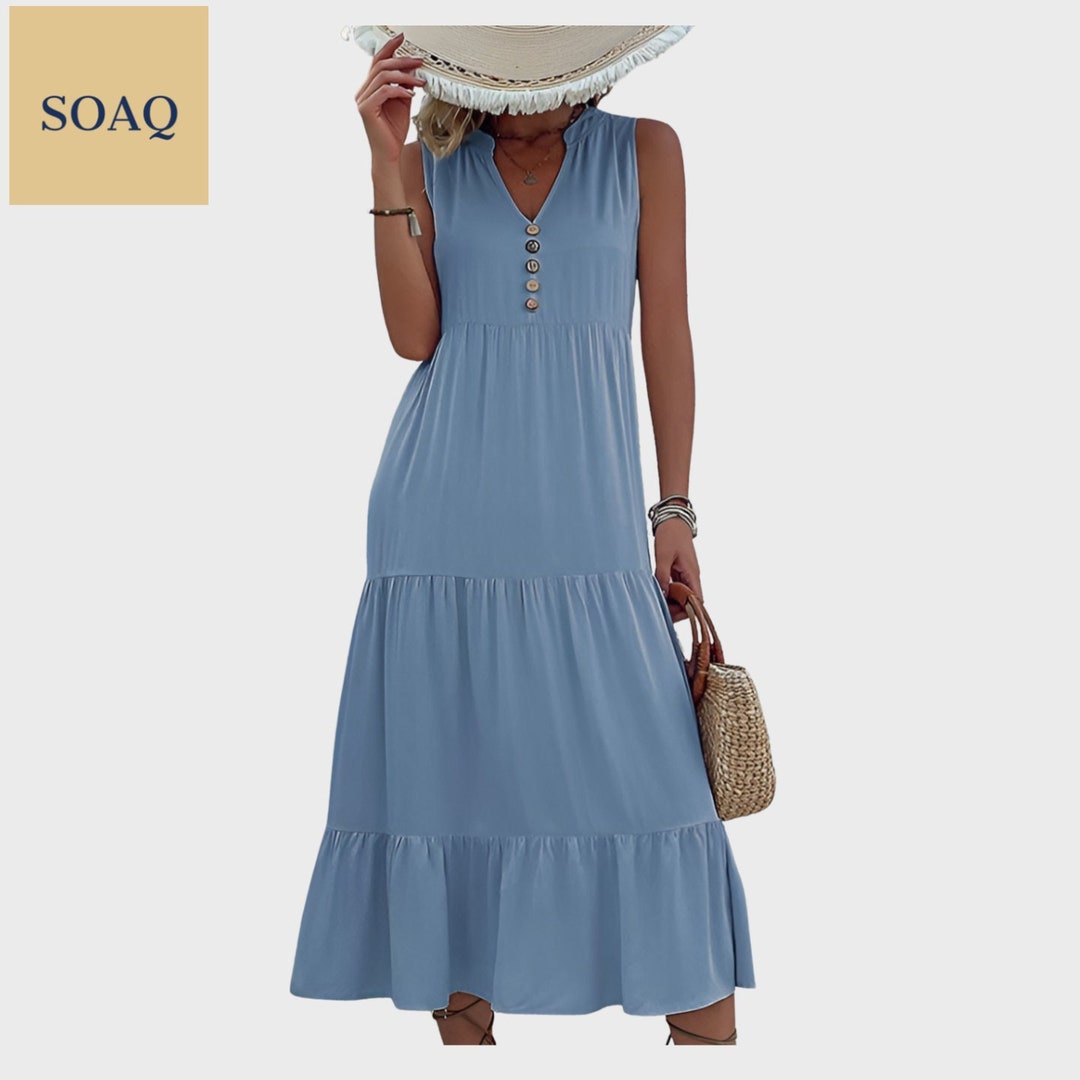 Midi Boho Summer Dress for Women Sleeveless Pleated V-neck - Etsy