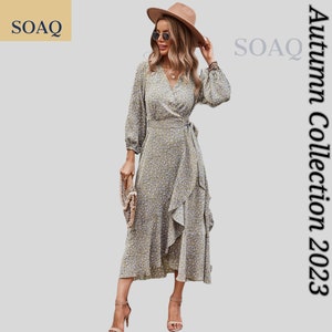 Long Sleeve Autumn Women Floral Dress Midi Boho Fall Dress for Women ...