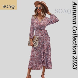 Long Sleeve Autumn Women Floral Dress Midi Boho Fall Dress for Women ...