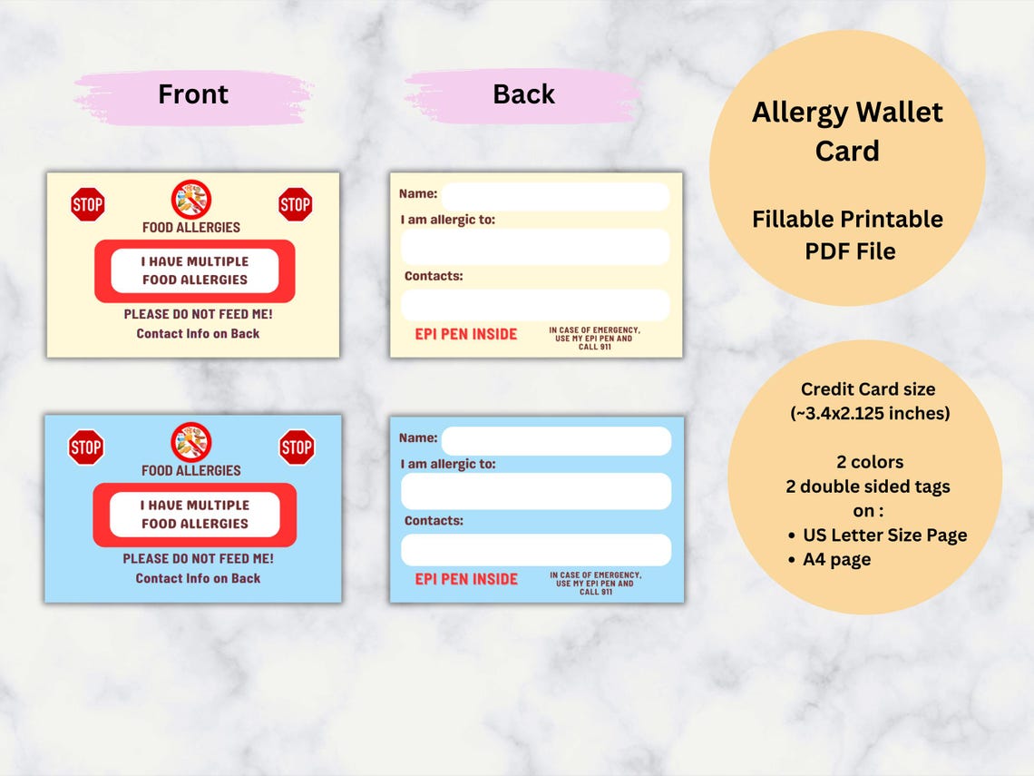 Allergy Wallet Card, Food Allergy, Kids ID, Emergency Card, Fillable ...