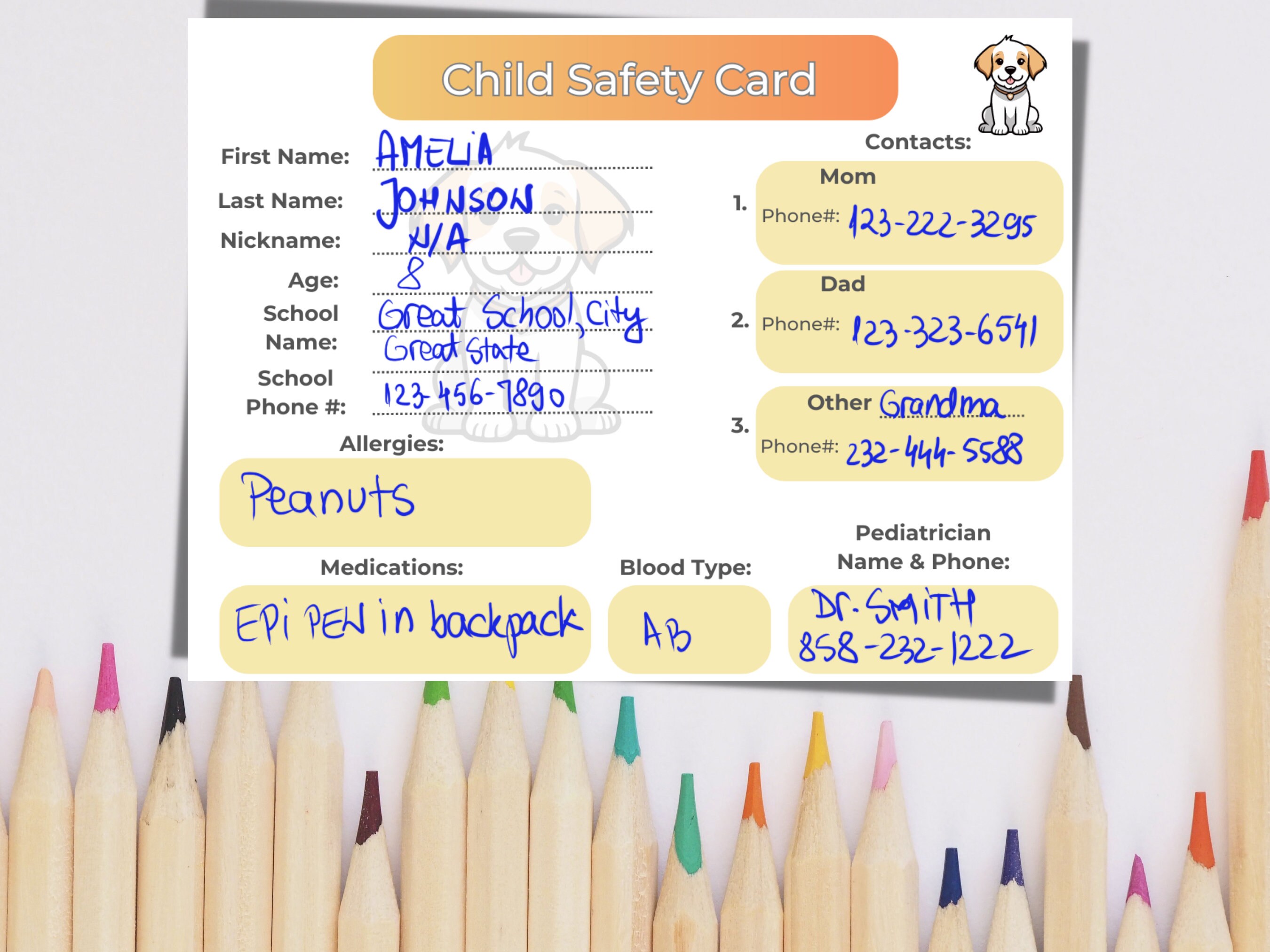 Dog Child Safety Card, Printable, Child Safety Backpack Note, Emergency ...