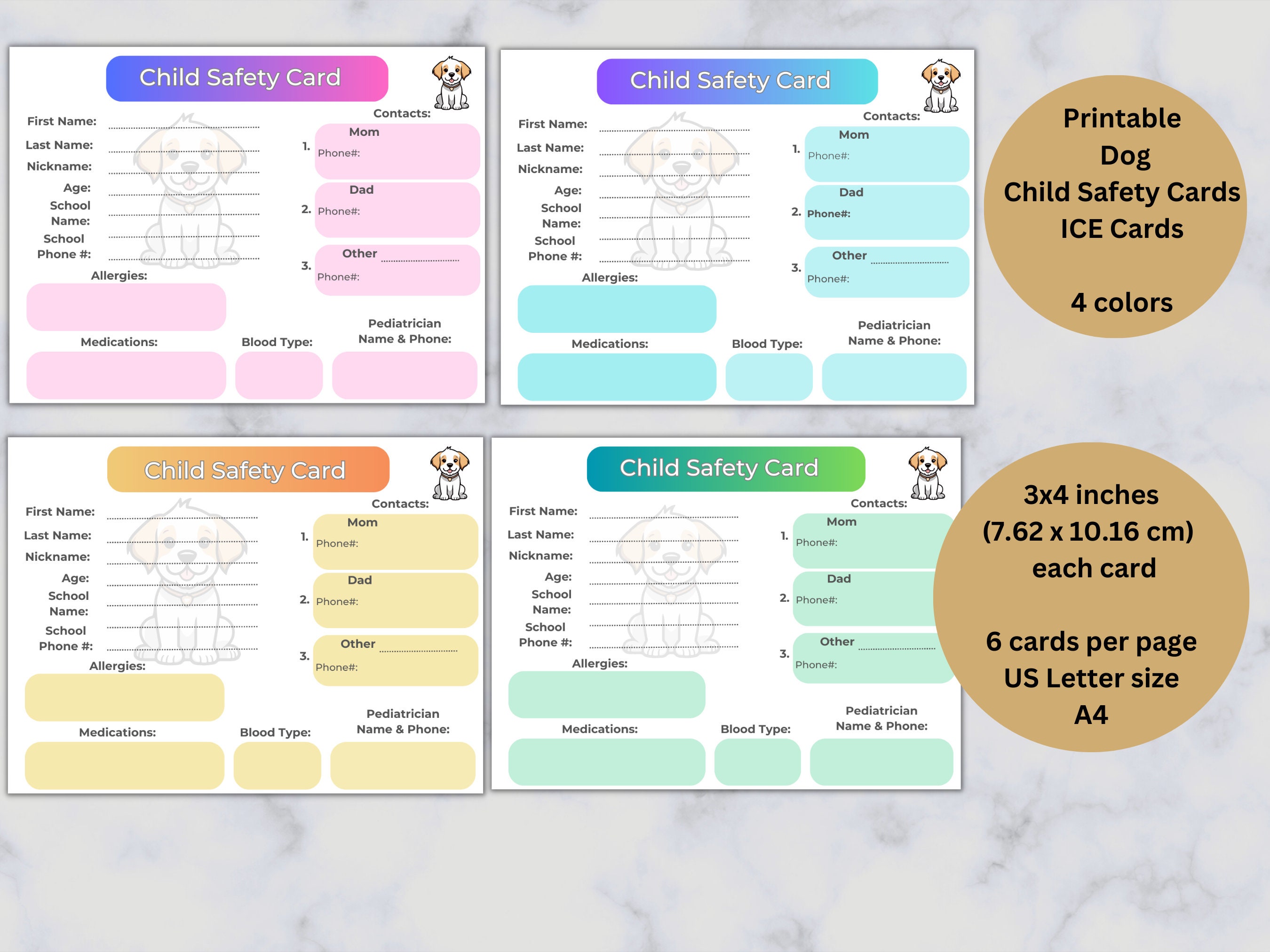 Dog Child Safety Card, Printable, Child Safety Backpack Note, Emergency ...