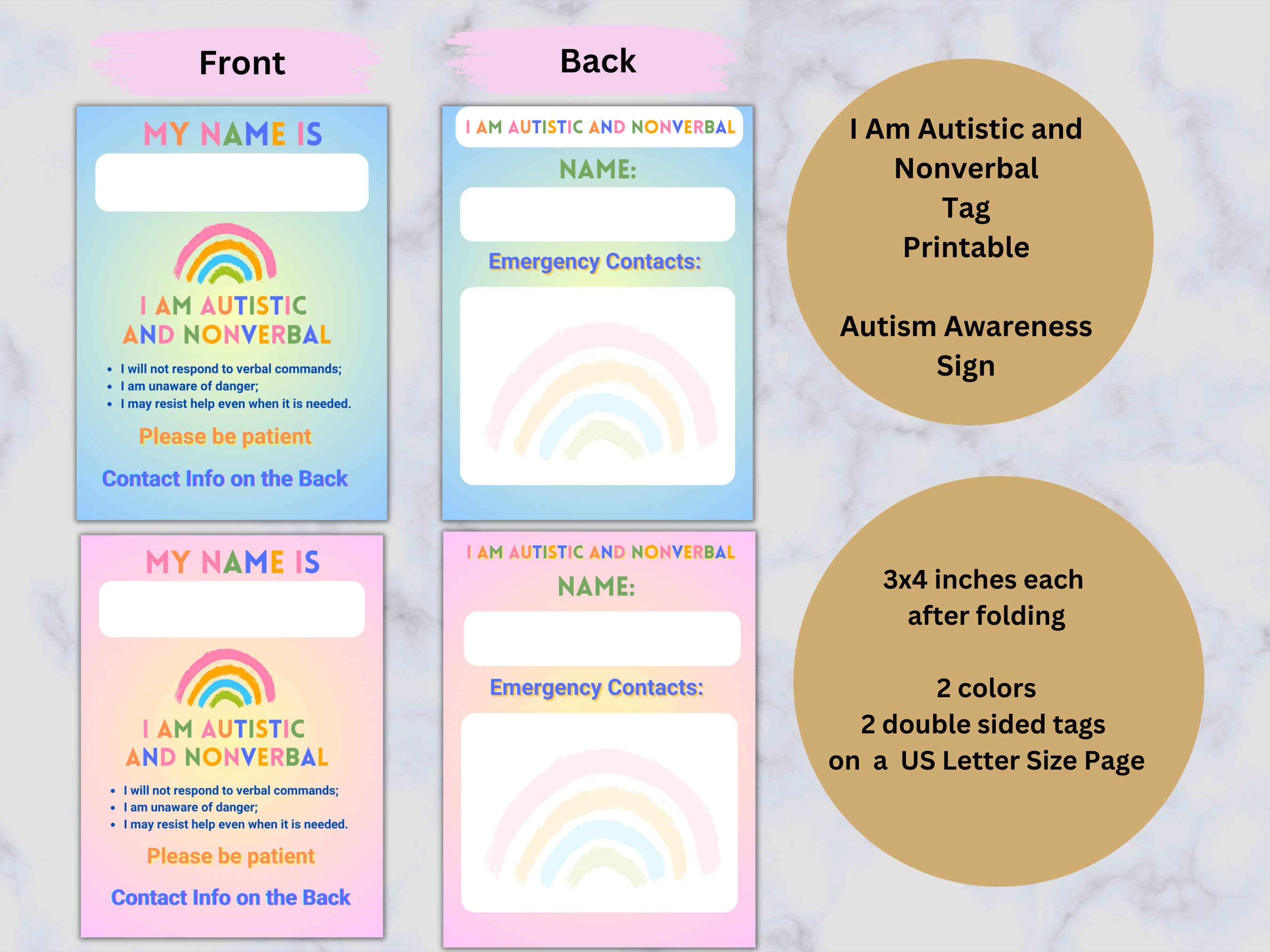 Autistic and Nonverbal Tag, Autism Emergency ID, Autism Printable ...