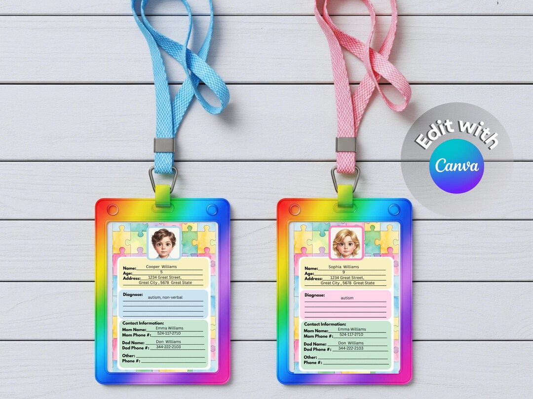 Autism ID Card | Editable Safety Tag for Kids | Emergency Contact Badge ...