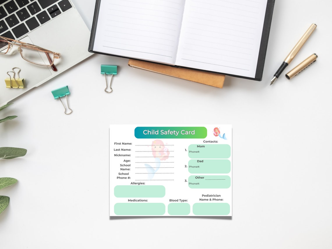 Mermaid Child Safety Card, Printable, Child Safety Backpack Note ...