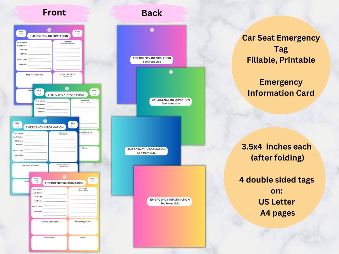 Car Seat Emergency Tag, Fillable Printable Safety Card, in Case of ...