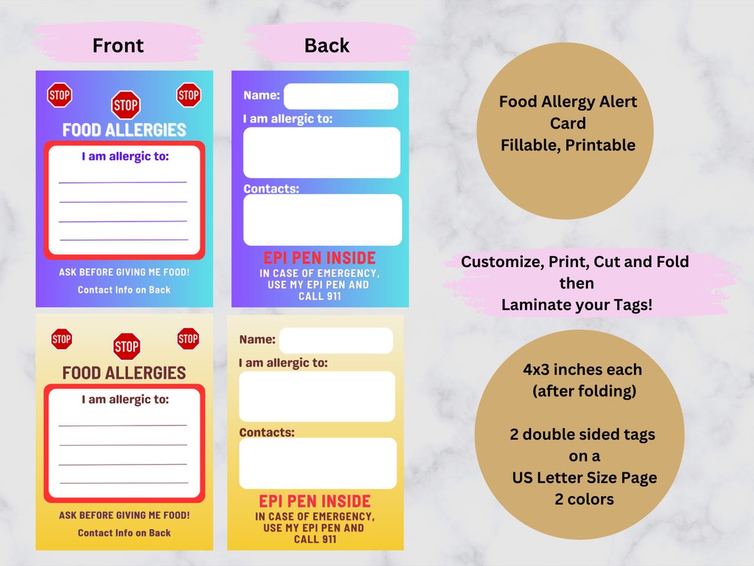 Food Allergy Alert Tag, Allergies Card, Medical Backpack Alert ...