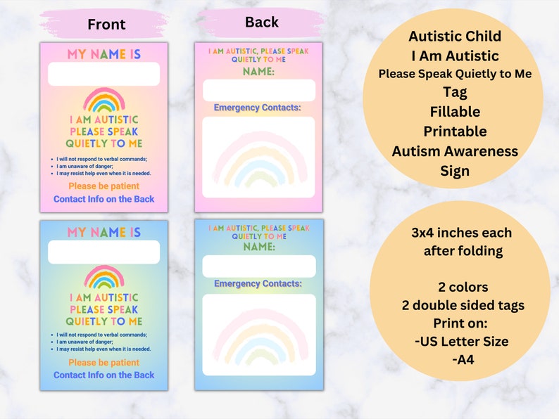 Autism Awareness Tag, Printable, Autism Emergency ID, I Am Autistic ...