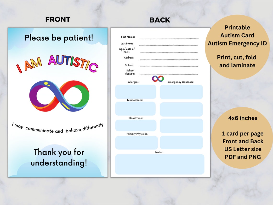 Autism Card, Printable, Autism Emergency ID, I Am Autistic Sign, Safety ...