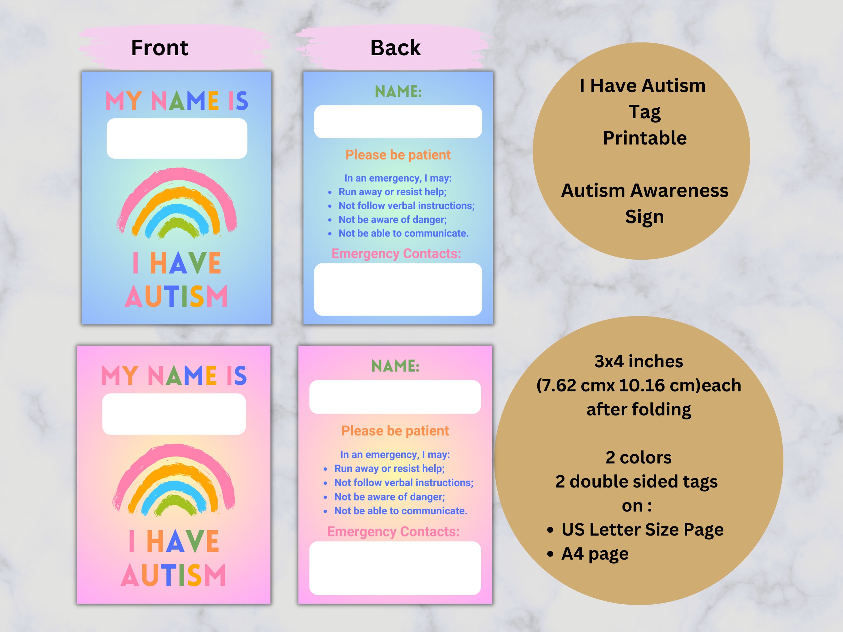 Autism Tag, Printable, Autism Emergency ID, I Am Autistic Sign, Safety ...