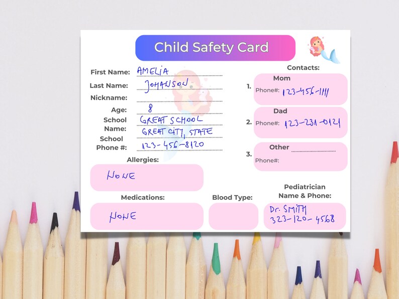 Mermaid Child Safety Card, Printable, Child Safety Backpack Note ...