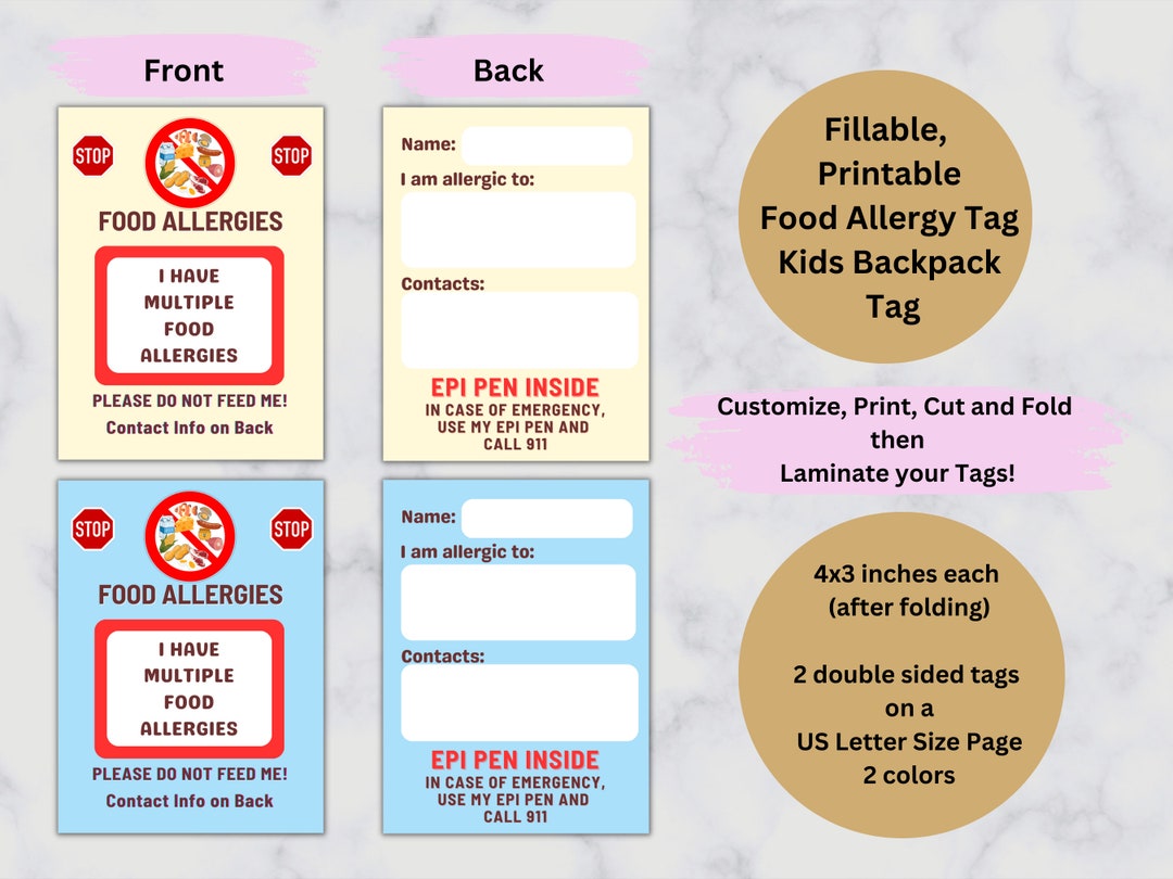 Allergy Tag, Food Allergy Card, Bag Tag, Kids ID, Fillable ...
