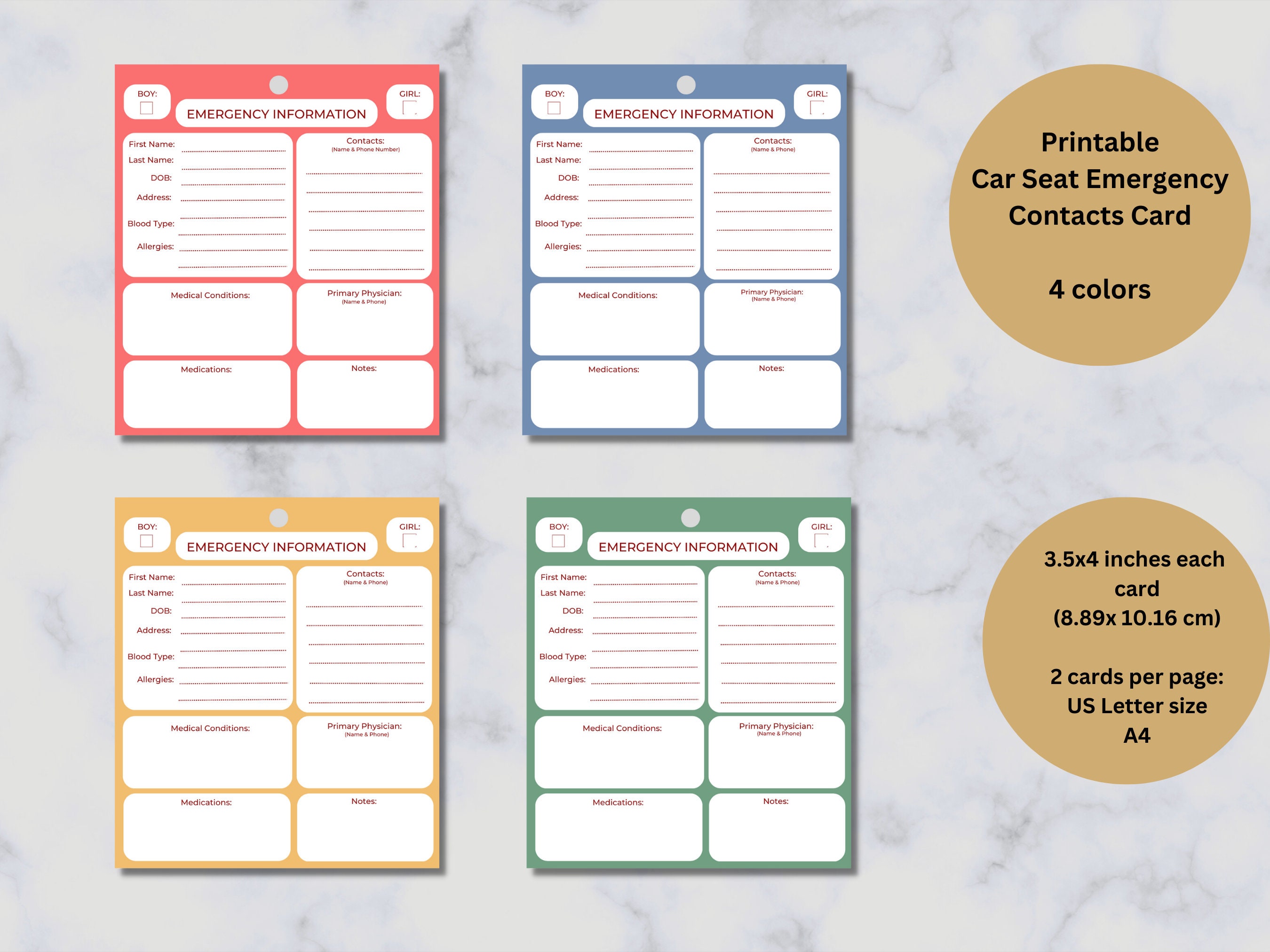 Kid Car Seat Emergency Card, Printable Safety Tag, in Case of Emergency ...