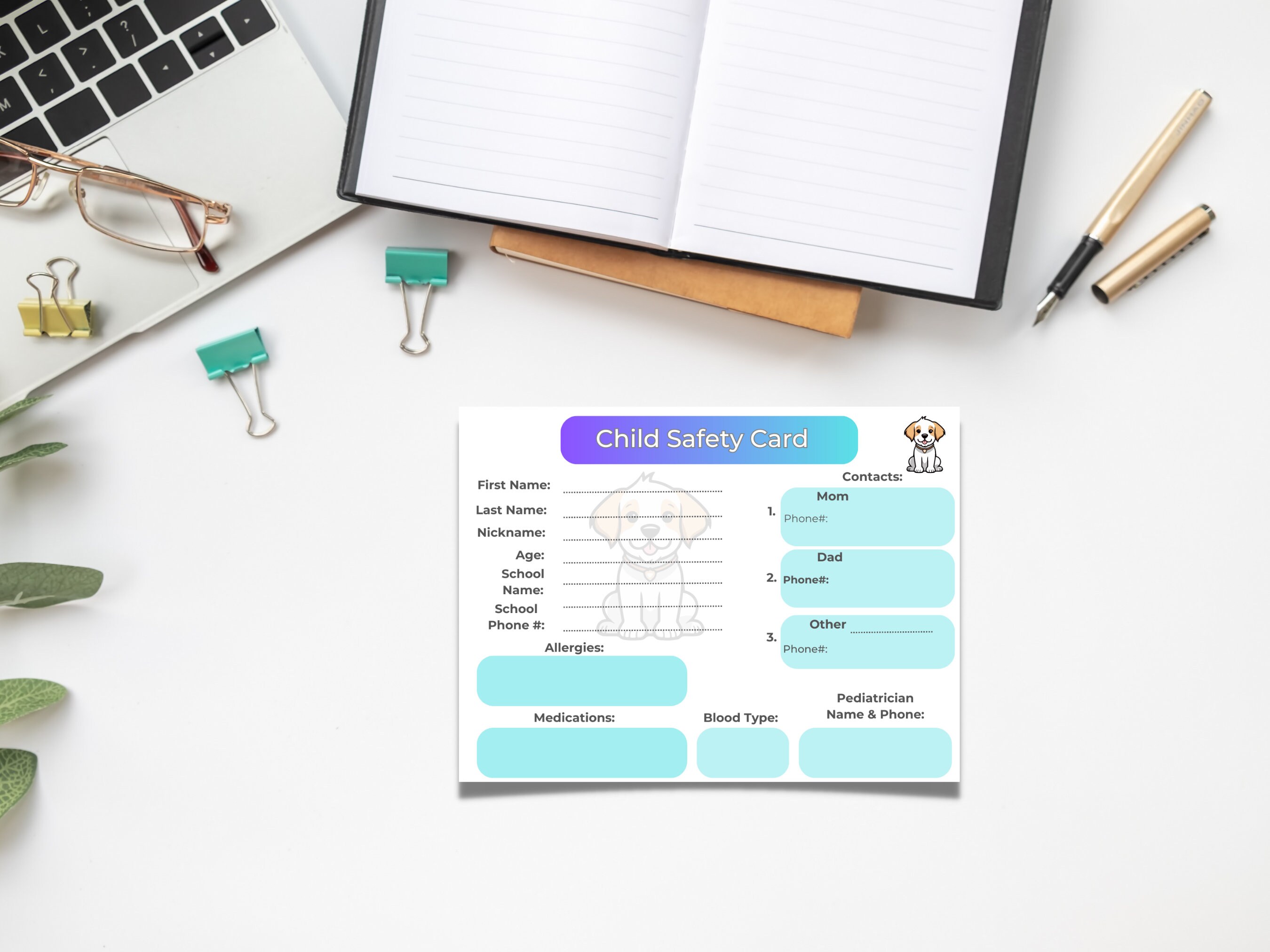 Dog Child Safety Card, Printable, Child Safety Backpack Note, Emergency ...