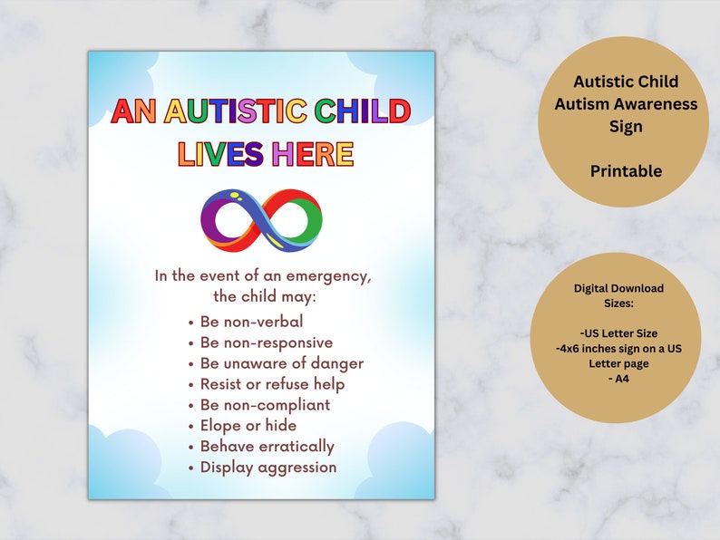 Autism Awareness, Printable, Autism Warning, in Case of Emergency ...