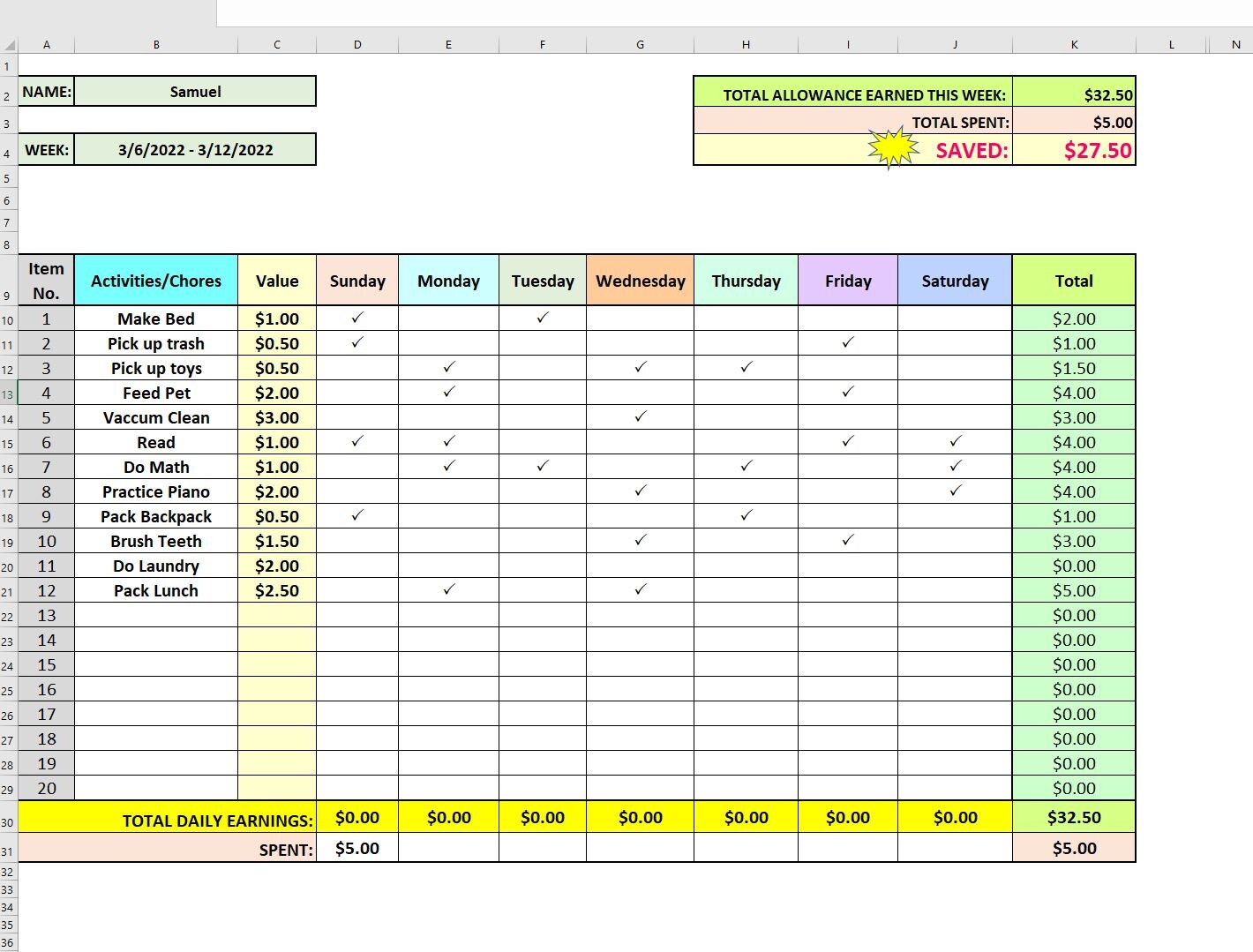 EXCEL Allowance Chart Kids Chore Chart Kids Activity Tracker - Etsy