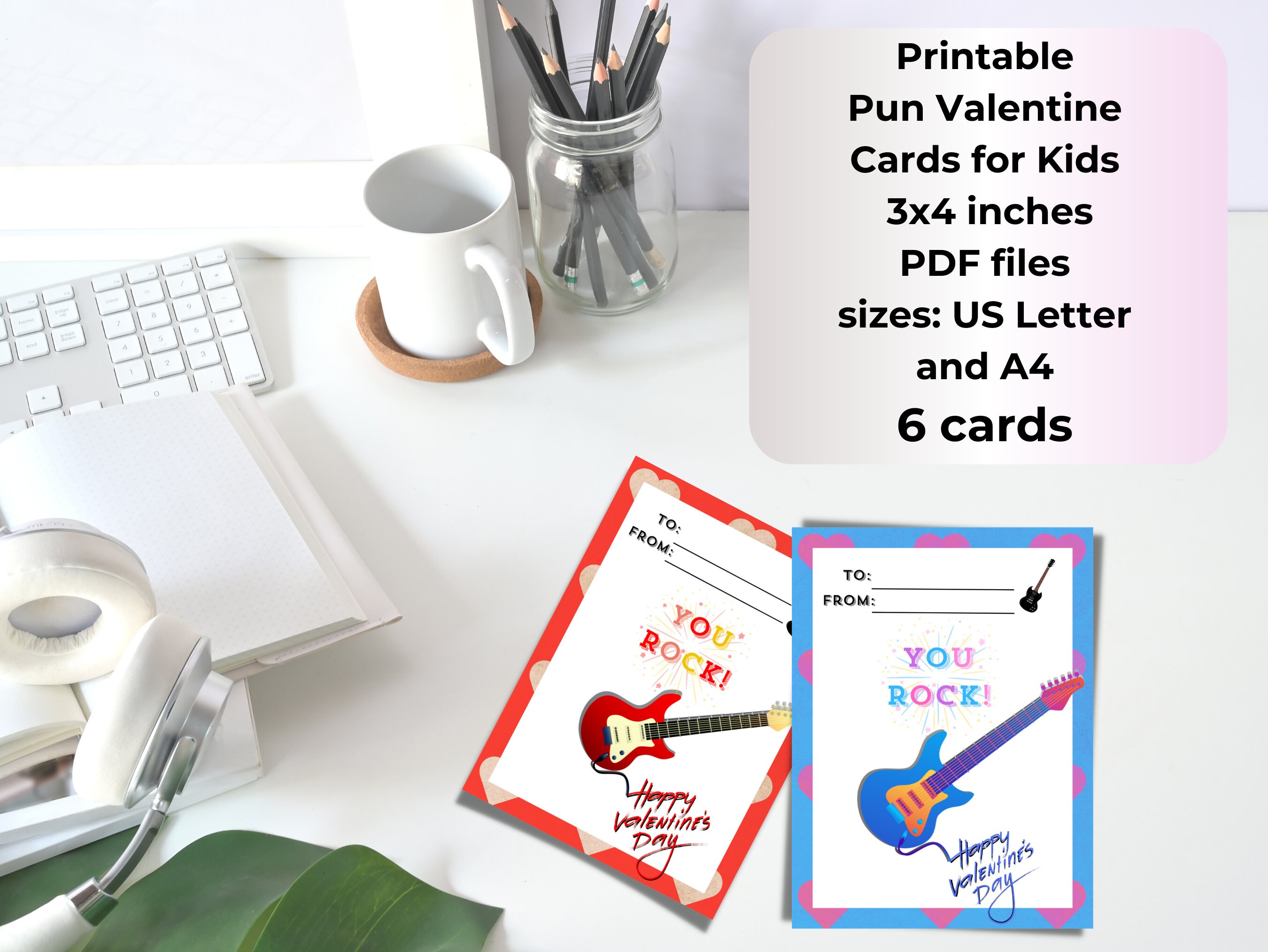 Guitar Valentine Card for Kids, You Rock, Printable Valentines ...