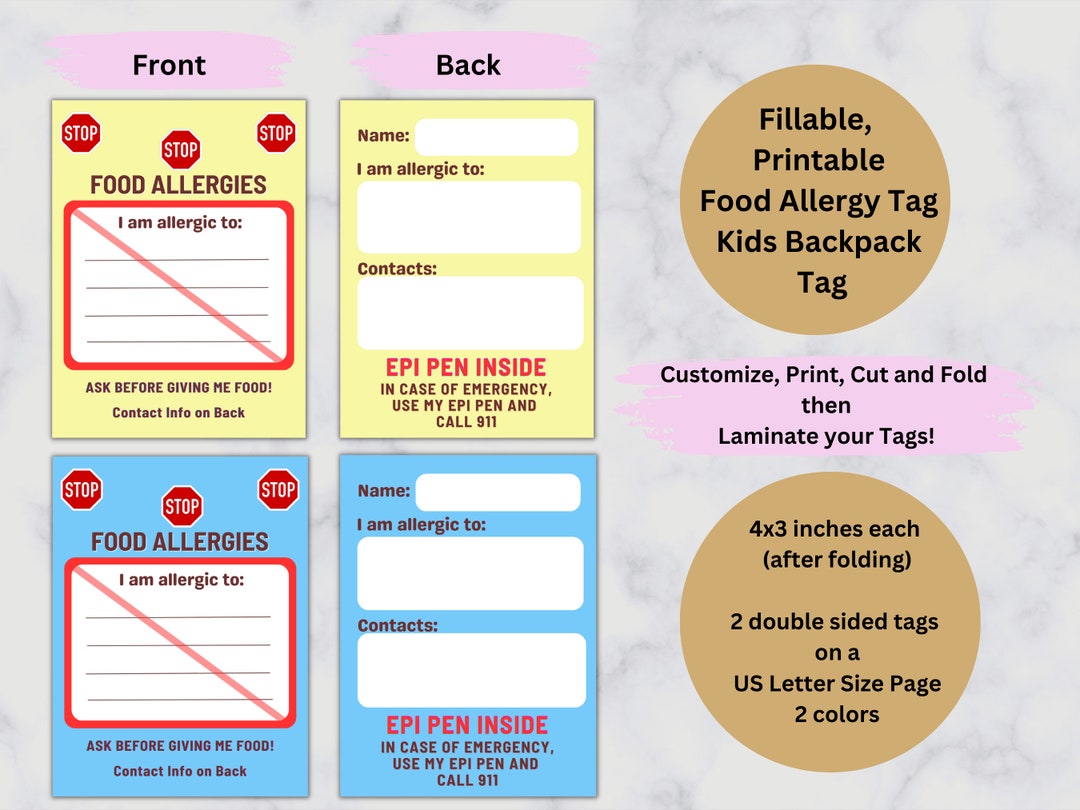 Allergy Sign, Food Allergy Card, Kids Backpack Tag, Fillable ...