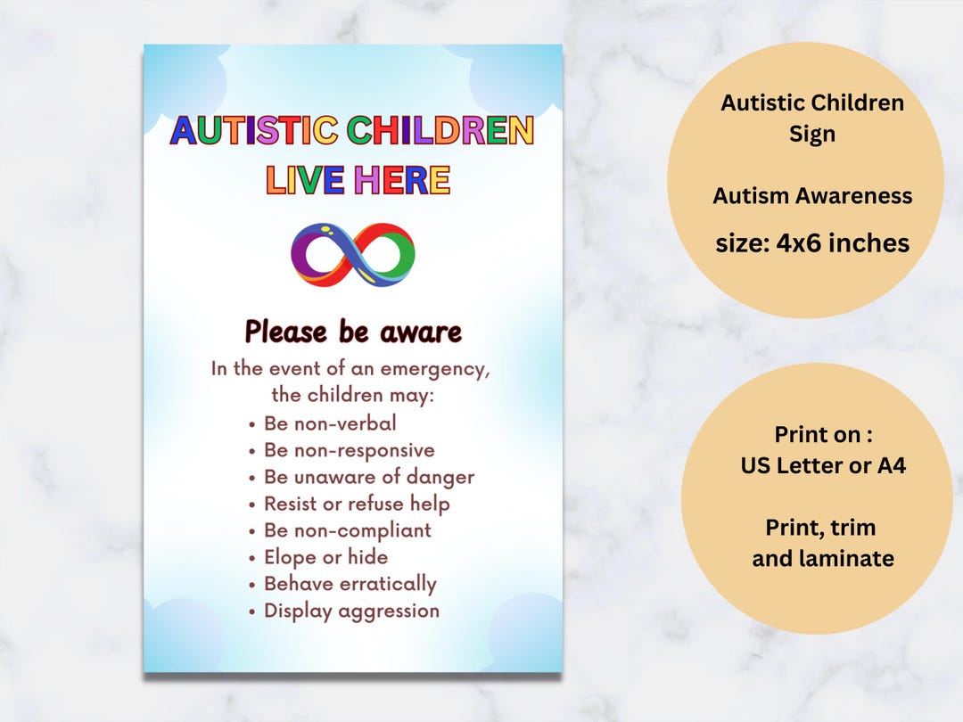 Autism Awareness Sign, Printable Autism Warning, in Case of Emergency ...