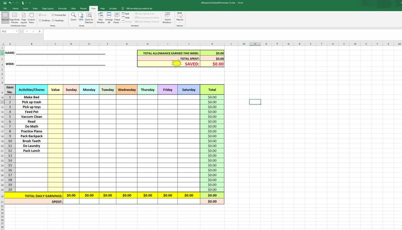 EXCEL Allowance Chore Chart Printable Kids Chore List Kids - Etsy