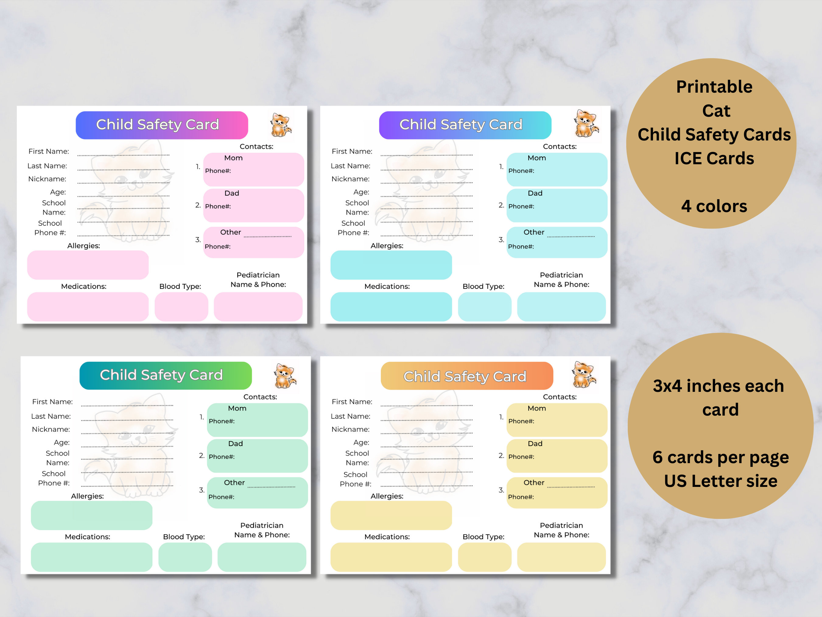 Cat Child Safety Card, Printable, Child Safety Backpack Note, Emergency ...