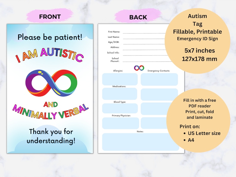 Autism Card Fillable, Rainbow Editable Sign, Printable, I Am Autistic ...